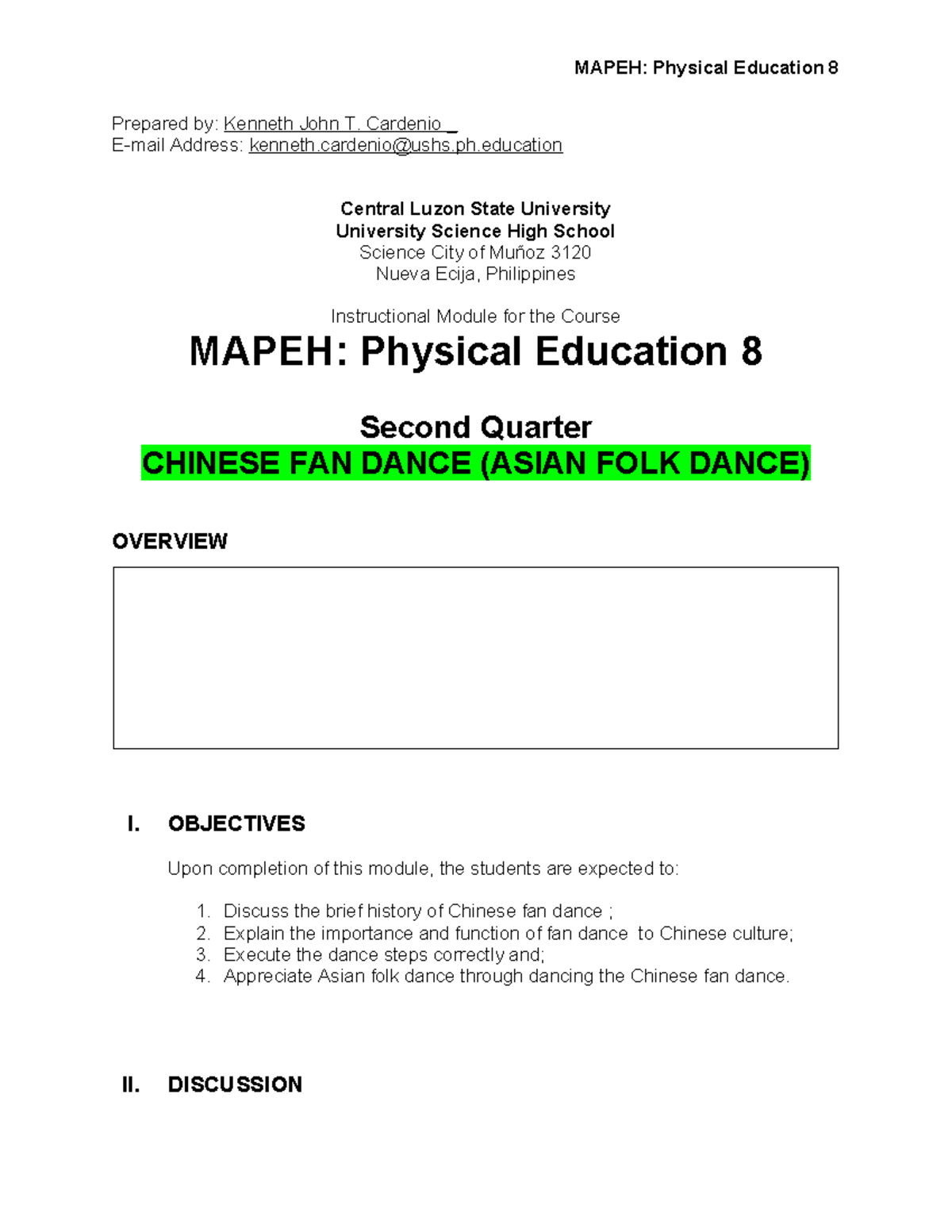 MAPEH PE8 Module 2: Chinese Fan Dance in Asian Folk Dance - Studocu