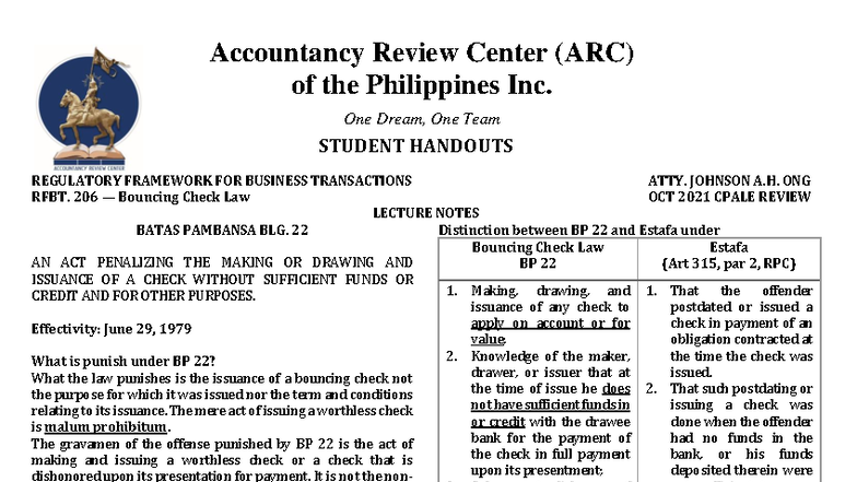 RFBT 206 Bouncing Check Law: BP 22 Lecture Notes & Review - Studocu