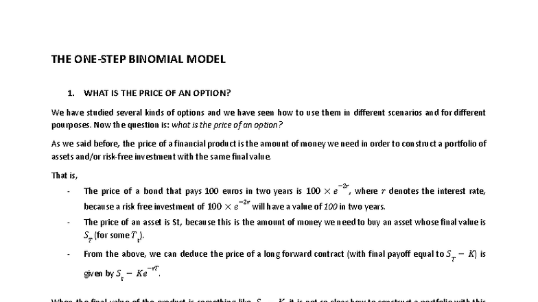 TOPIC 4: ONE-STEP Binomial Model for Option Pricing - Studocu