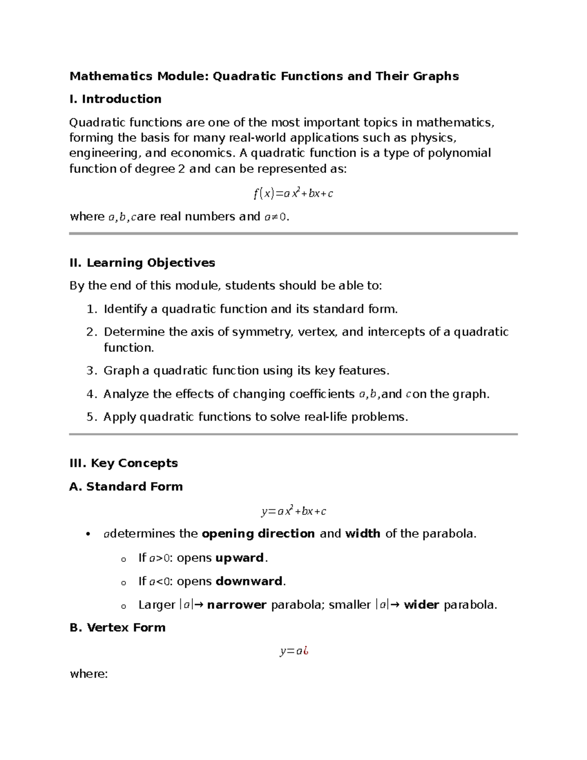 Math 101: Quadratic Functions & Graphs - Module Overview - Studocu