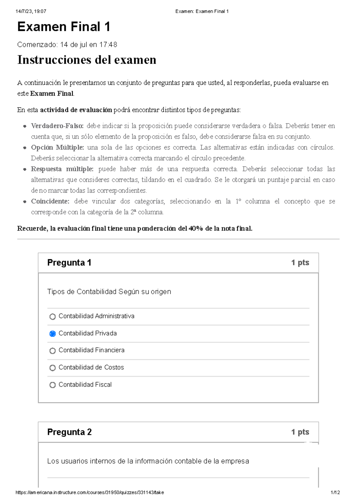 Examen Final 1 - Contabilidad: Instrucciones y Preguntas - Studocu
