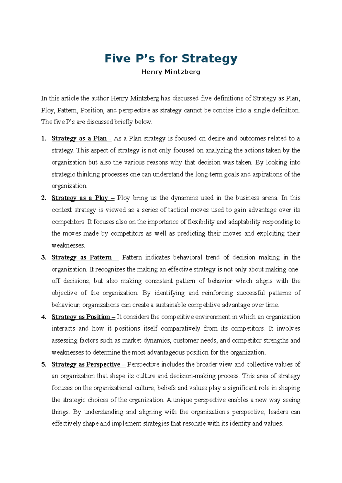 5 P’s of Strategy by Henry Mintzberg: Overview and Insights - Studocu