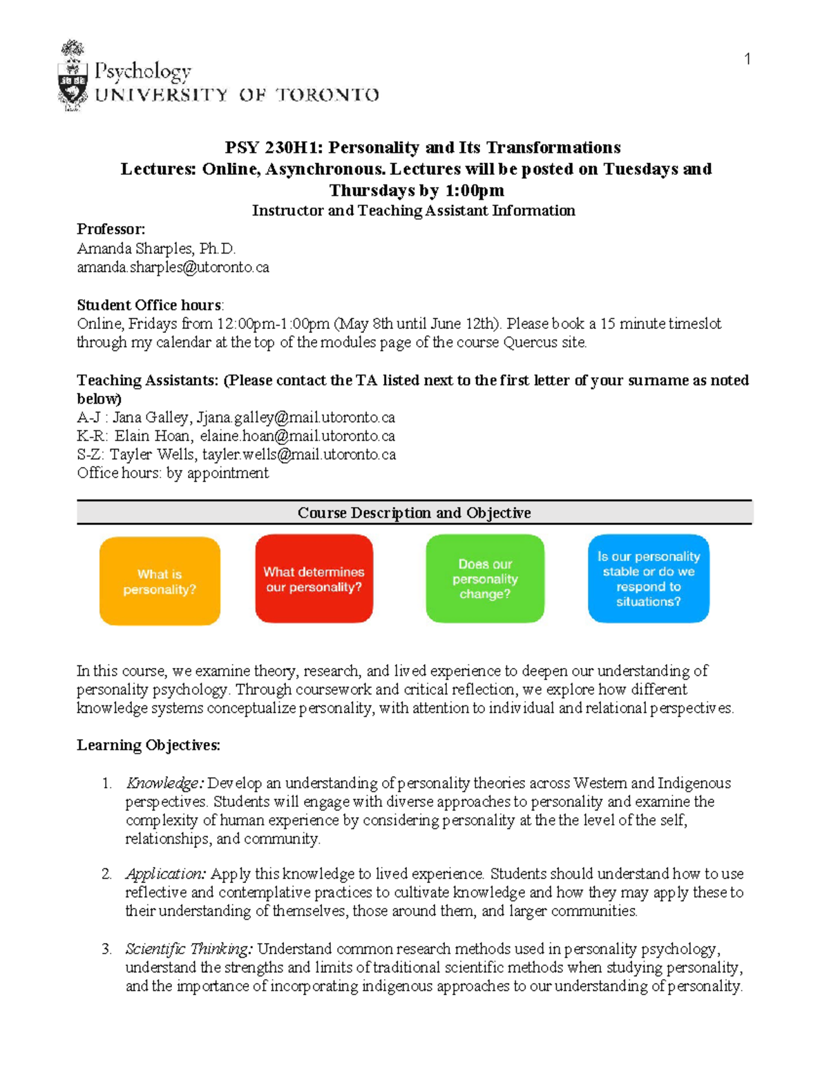 PSY 230H1: Personality Psychology Online Course Syllabus 2026 - Studocu