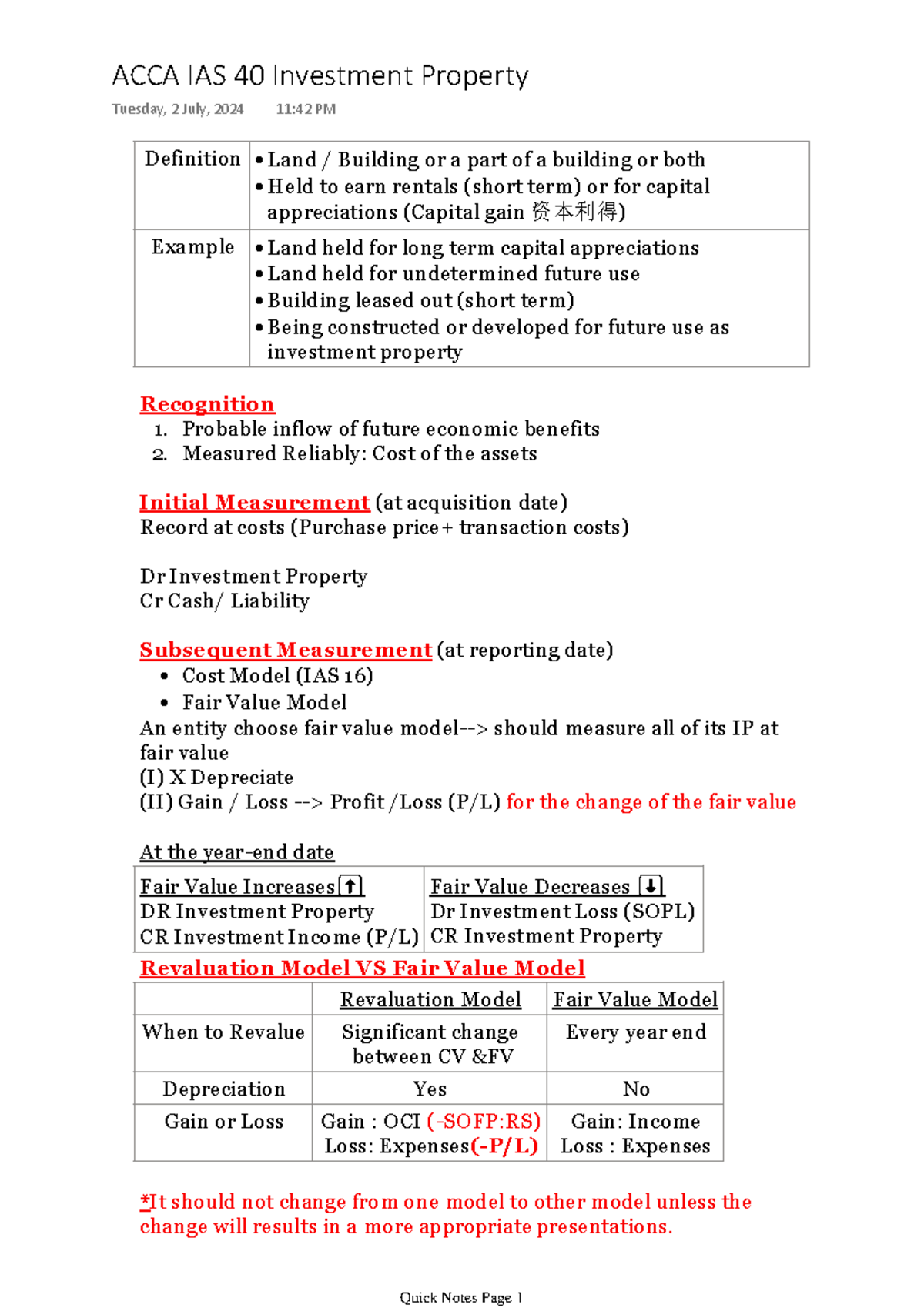 ACCA IAS 40 Final Exam Notes on Investment Property Management - Studocu