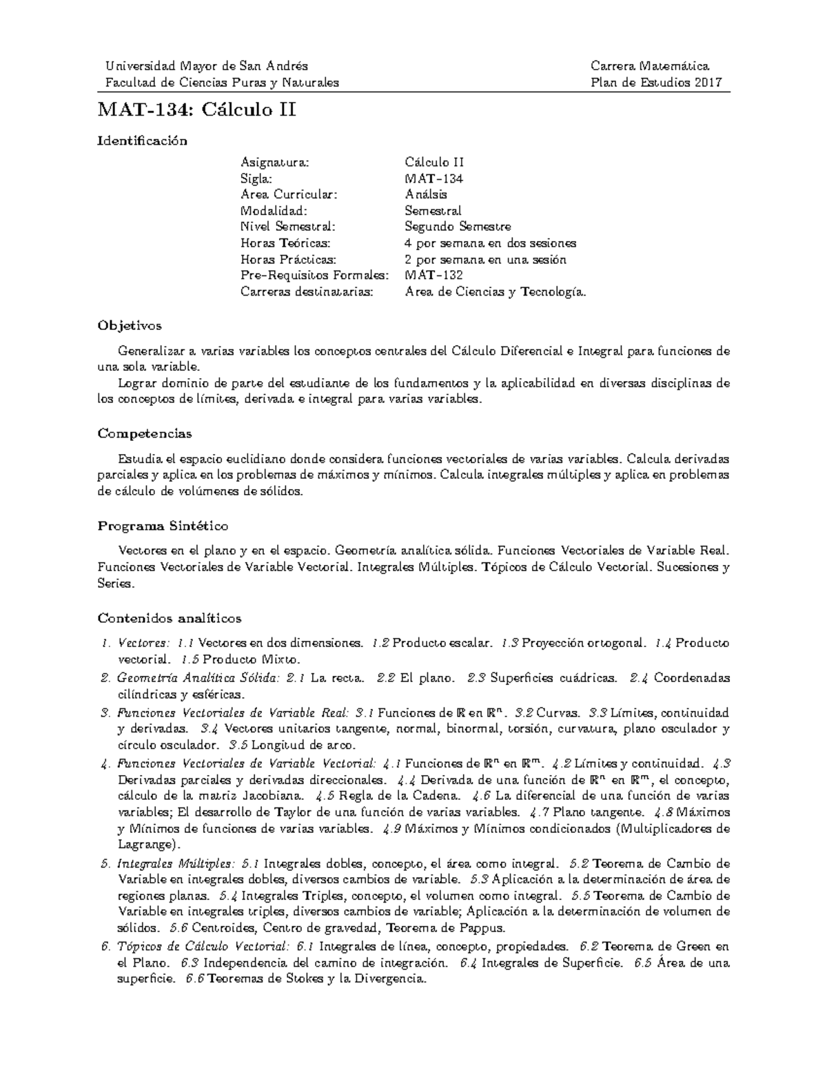Mat134s2017 - Plan de Estudios: Cálculo Multivariable y Vectores - Studocu
