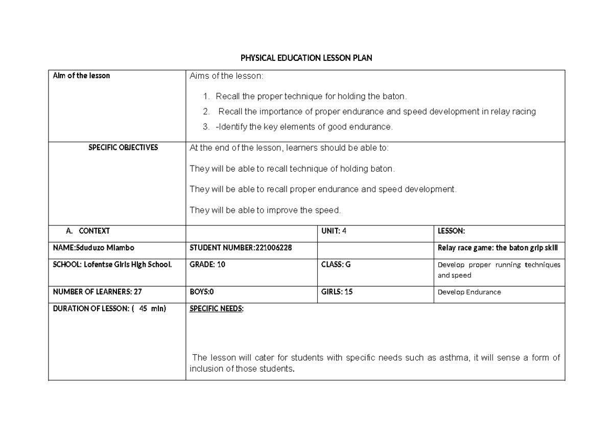 PHYSICAL EDUCATION LESSON PLAN: Relay Race Baton Grip Techniques (GRADE ...