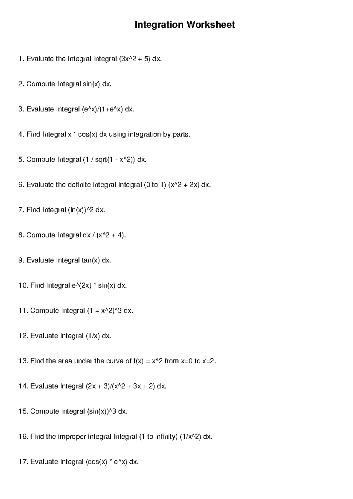 Calculus Integration Worksheet (MATH 101) - Studocu