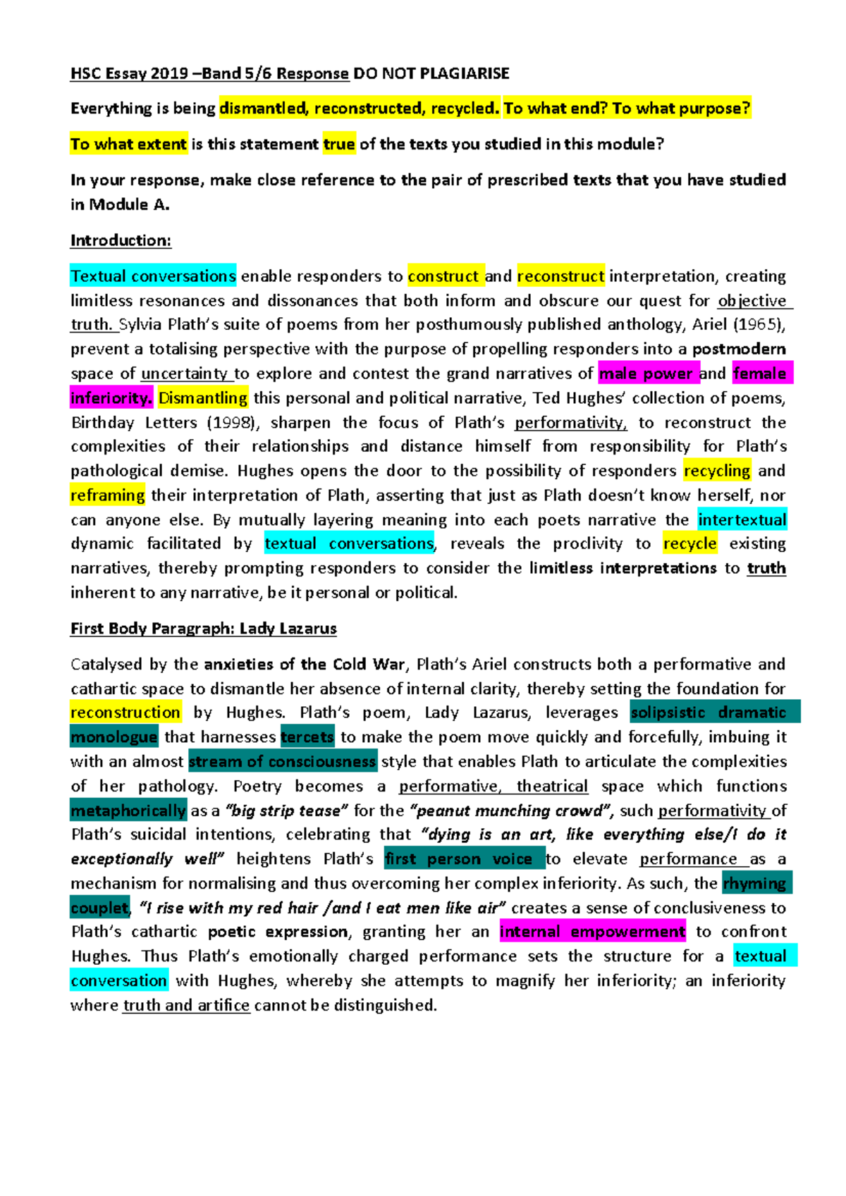 HSC English Advanced Essay 2019: Band 6 Sample Analysis - Studocu