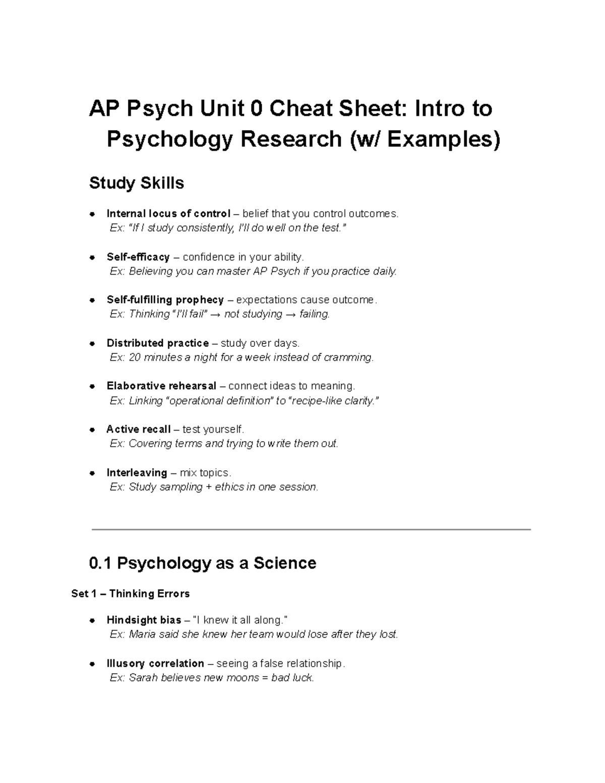 AP Psych Unit 0 Cheat Sheet: Key Concepts in Psychology Research - Studocu