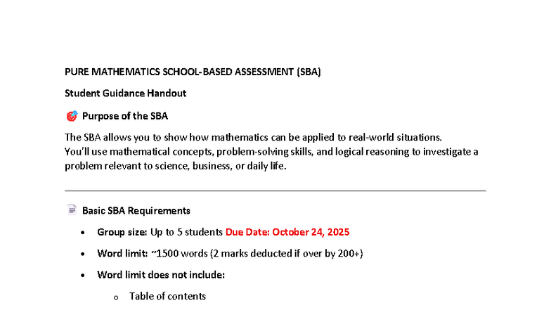 Pure Mathematics SBA Guidelines: Student Assessment Handbook - Studocu