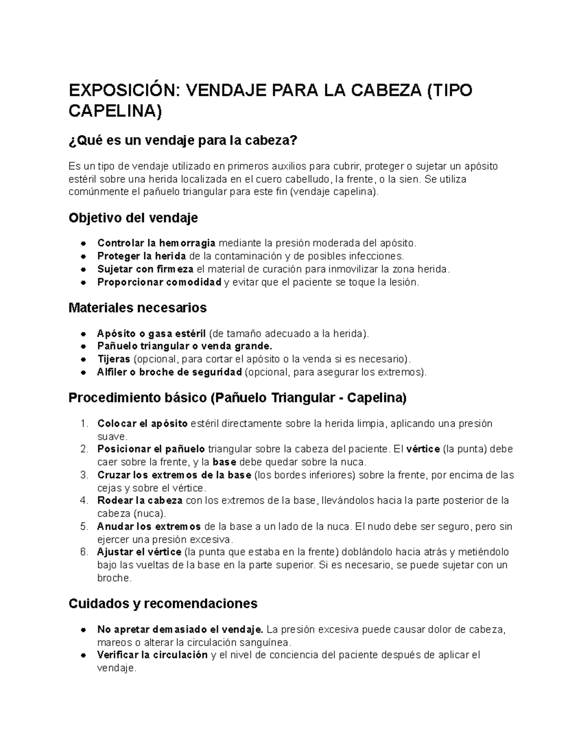 Guía de Primeros Auxilios: Vendaje Capelina para la Cabeza - Studocu