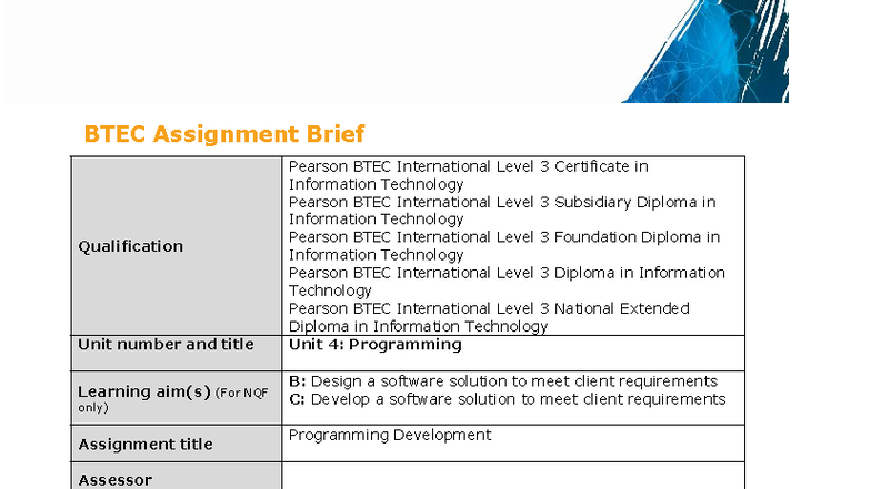 BTEC Unit 4 Assignment: Programming Development & Learning Aims B & C - Studocu
