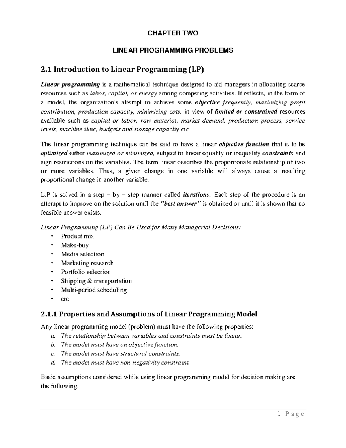 CHAPTER 2: INTRODUCTION TO LINEAR PROGRAMMING (LP) AND ITS APPLICATIONS - Studocu