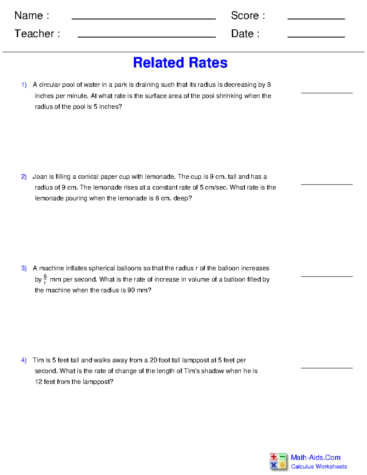 Calc 101 Related Rates Practice Problems - Studocu