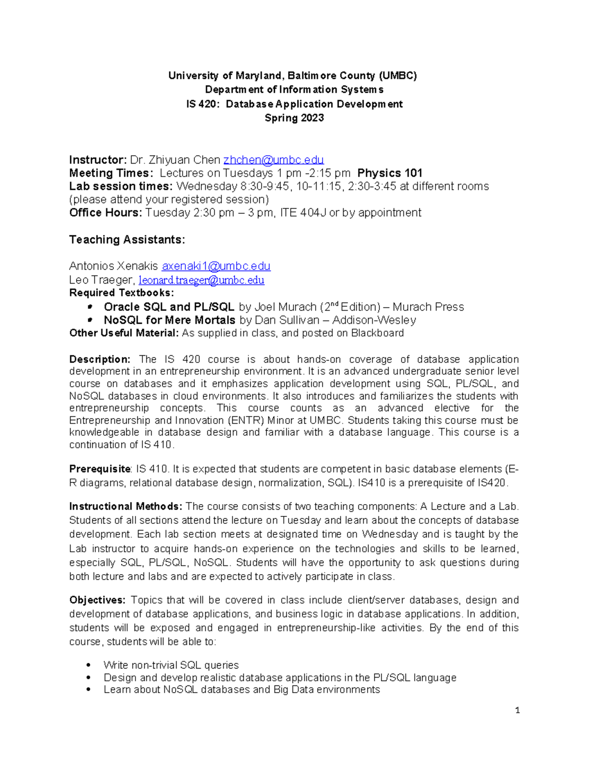 IS 420: Database Application Development Syllabus - Spring 2023 - Studocu