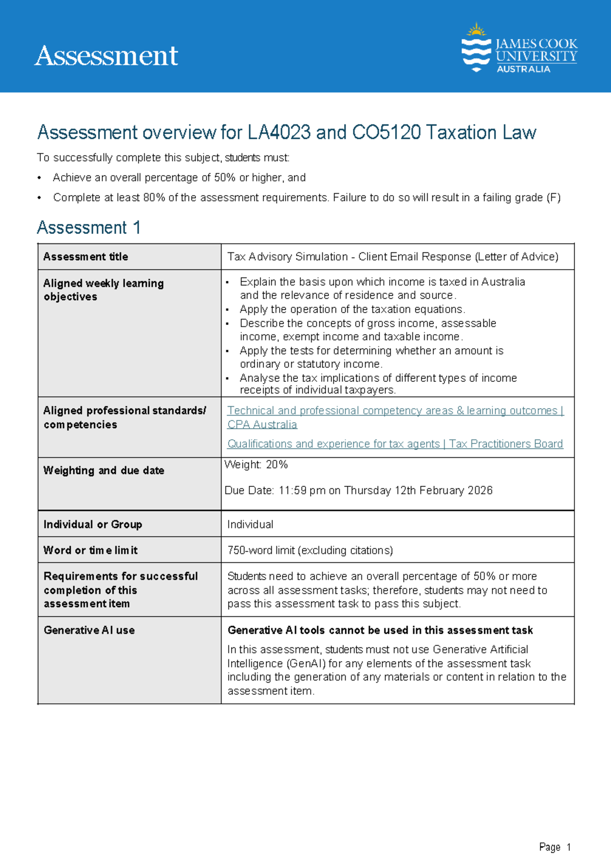 2026 TR1 CO5120 & LA4023 Taxation Law Assessment Overview - Studocu