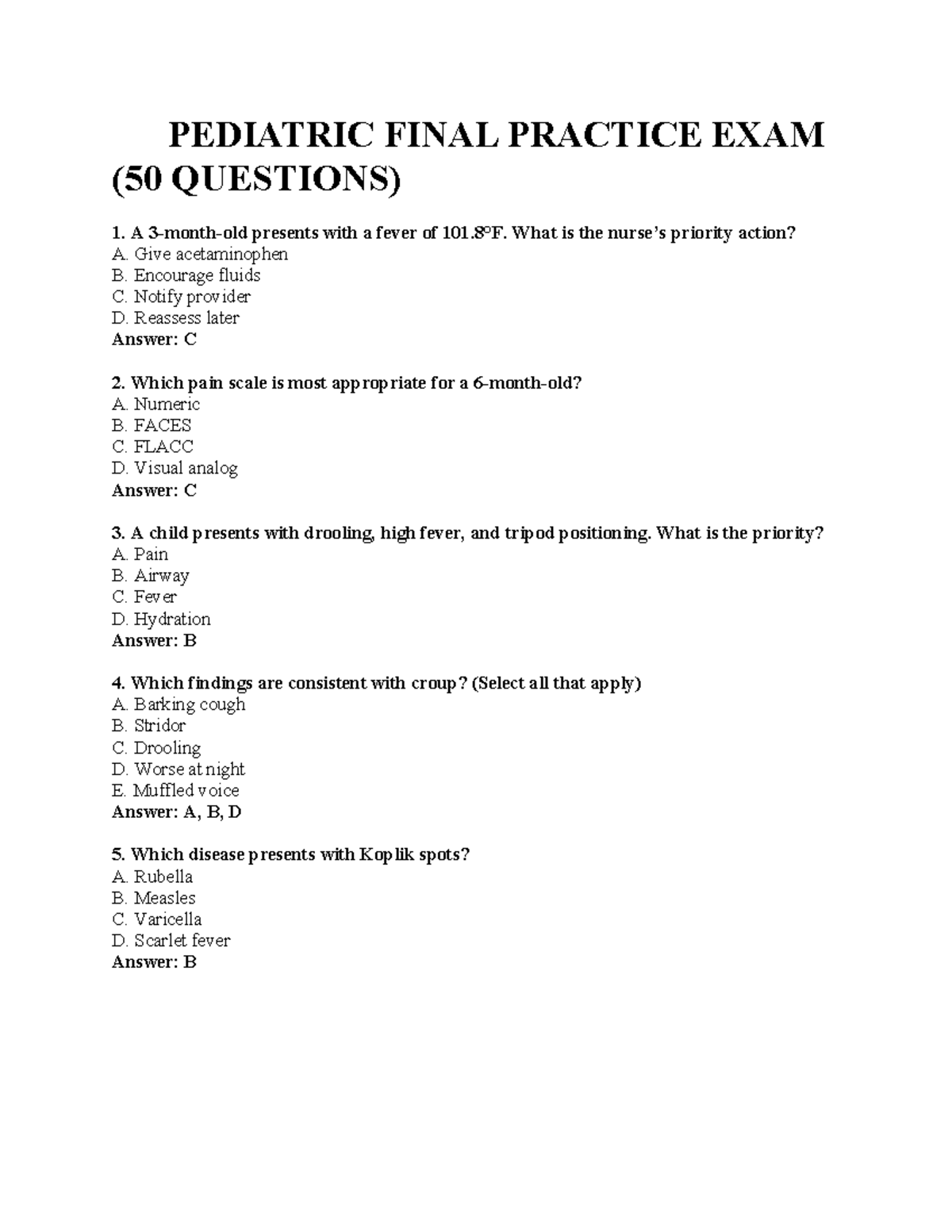 Pediatric NURS 101 Final Practice Exam (50 Questions) - Studocu