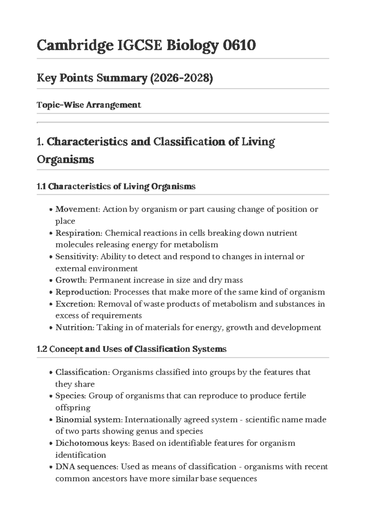 Cambridge IGCSE Biology 0610 Final Exam Key Points Summary - Studocu