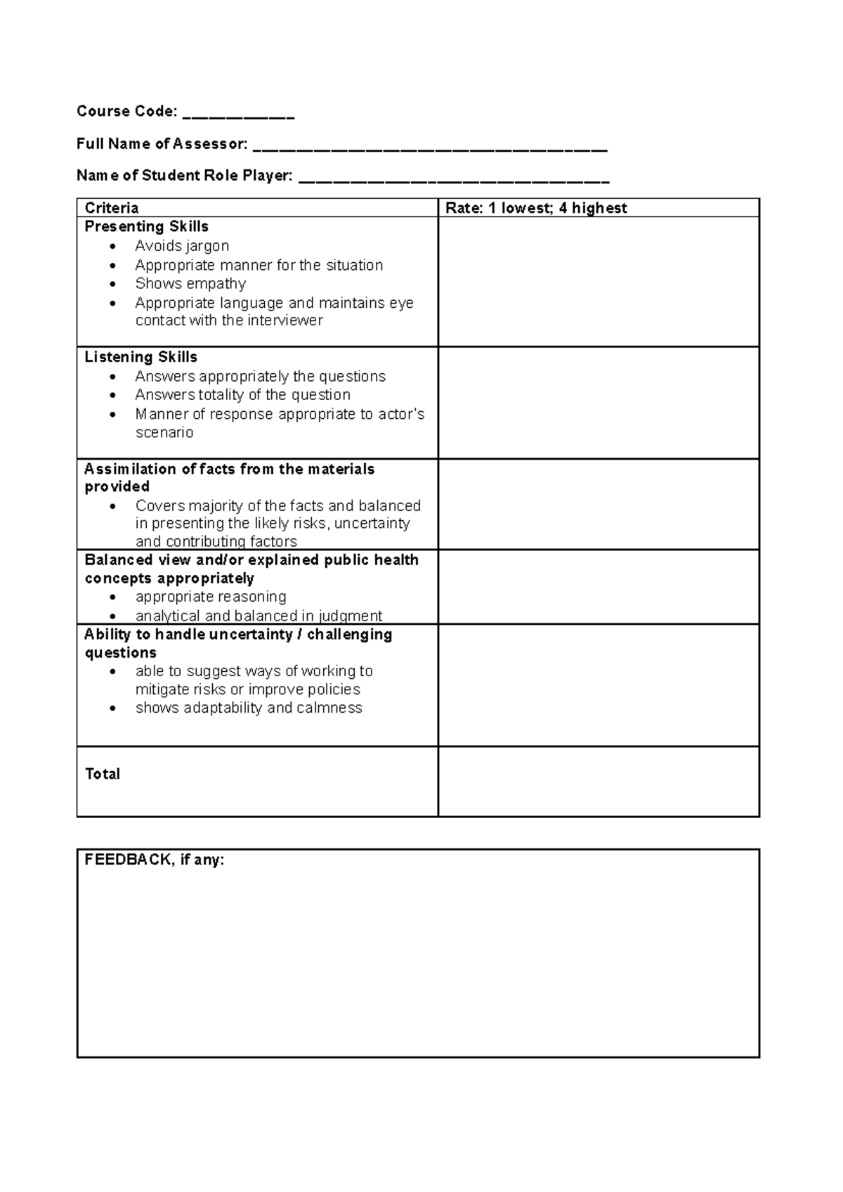 Role Play Assessment Sheet - Course Code: _____________ Full Name of ...