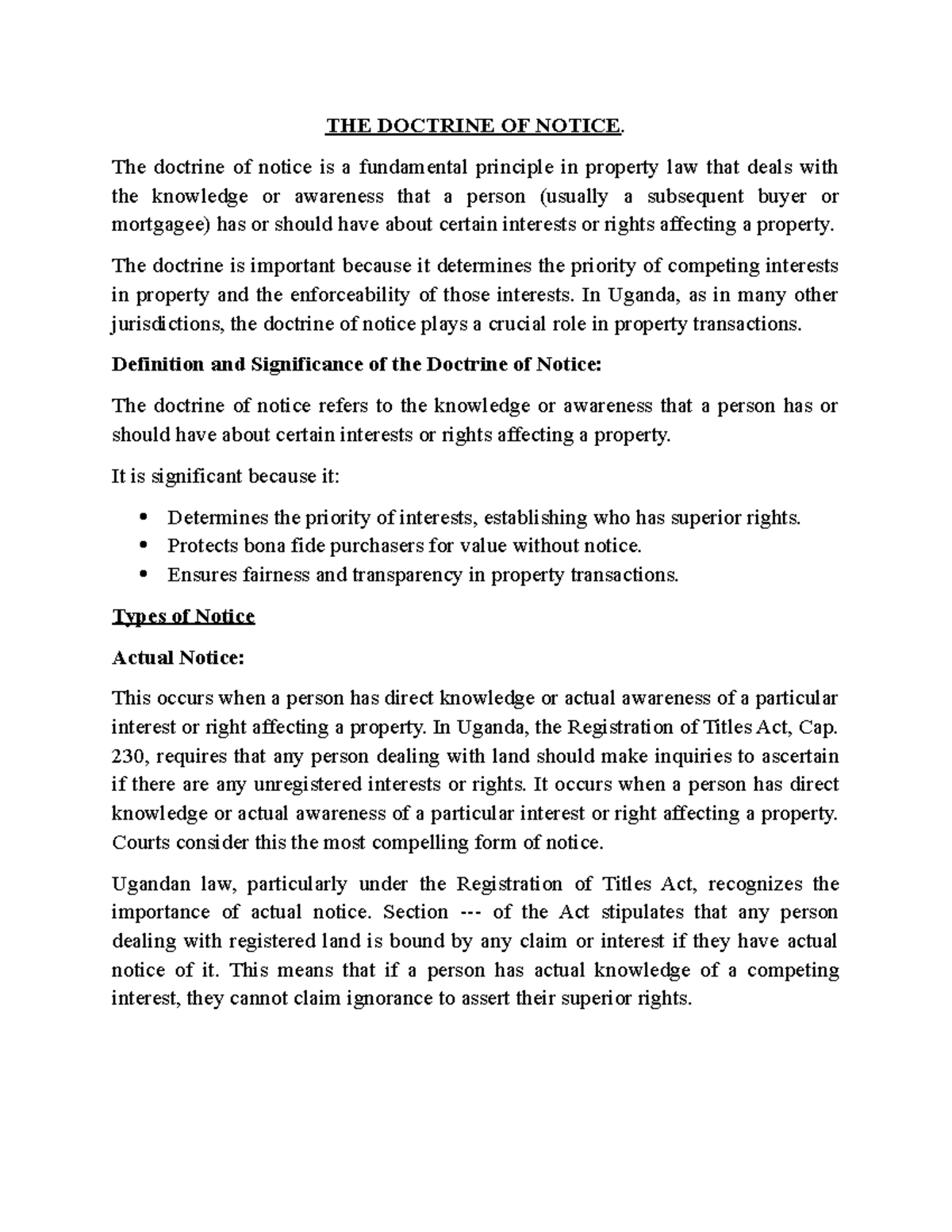 The Doctrine of Notice in Property Law: Key Concepts and Cases - Studocu