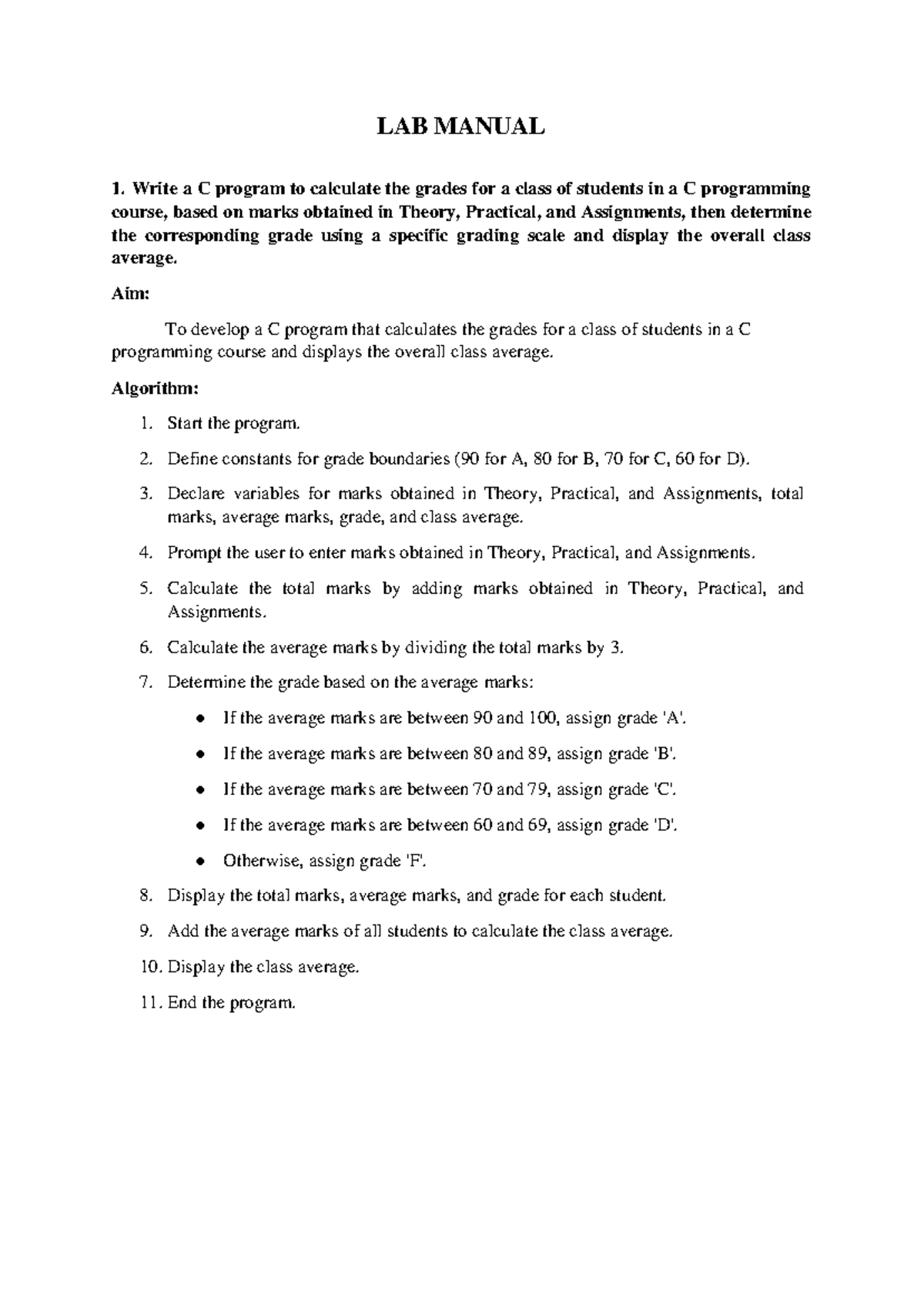 C Programming Lab Manual: Grade Calculation, Transactions & More - Studocu