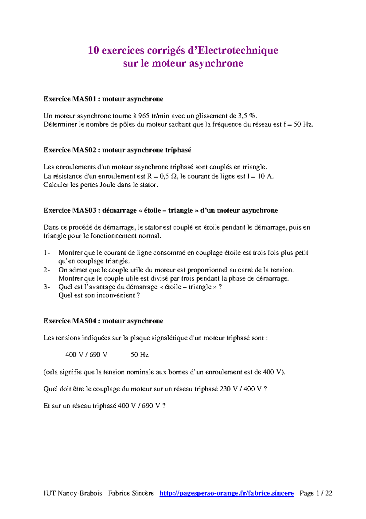 Exercices corrigés sur le moteur asynchrone - IUT MAS01 à MAS10 - Studocu
