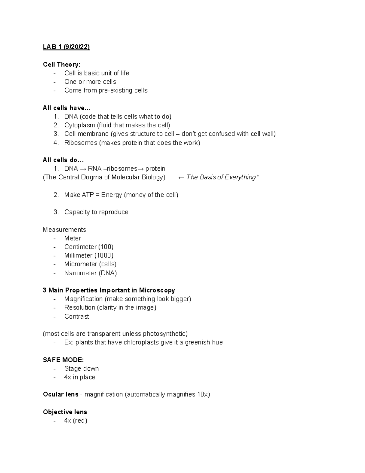 Biology LAB Notes (BIO101) - Teacher: K. Byrd - Cell Theory ...
