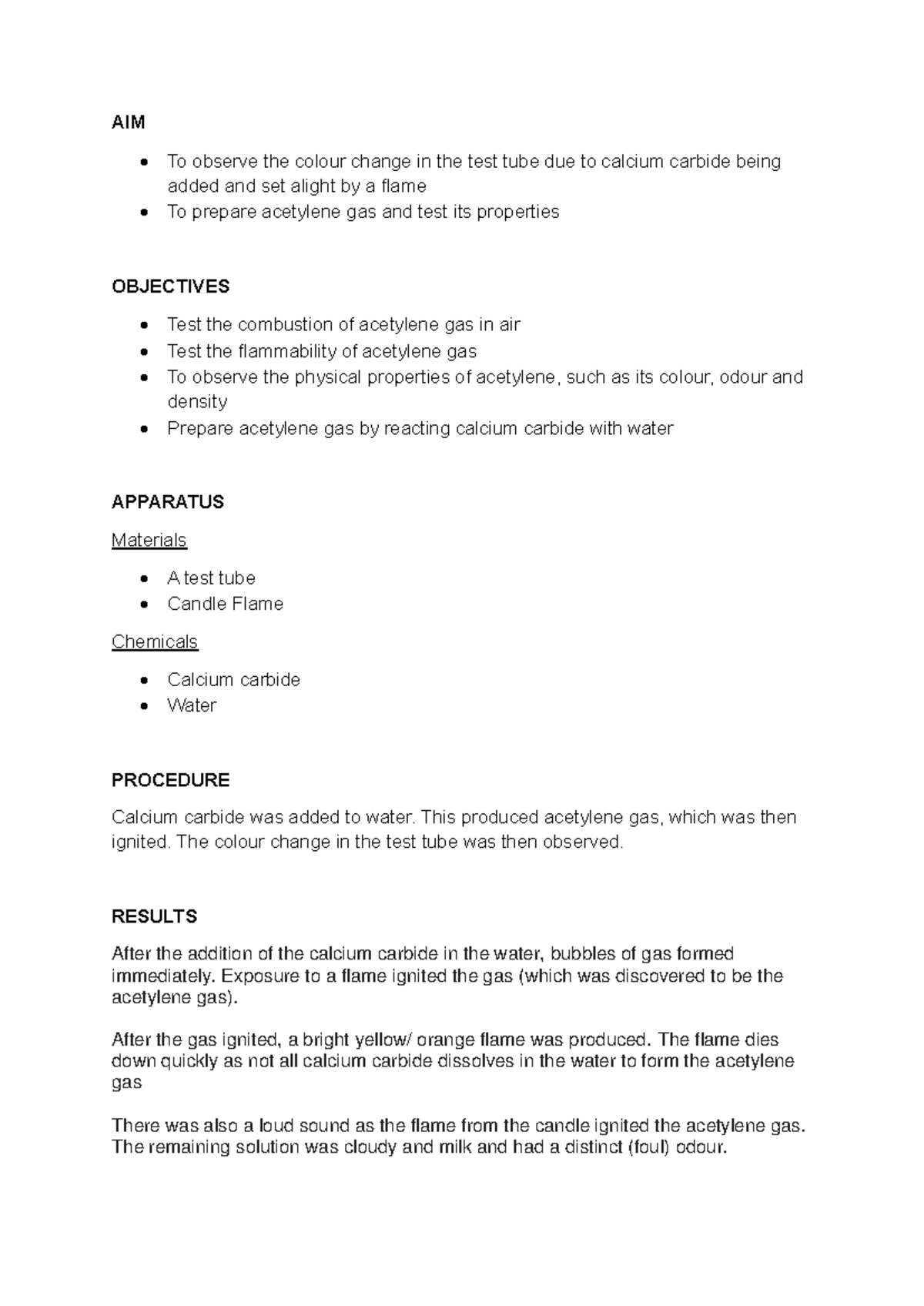 Experiment 2: Acetylene Preparation & Testing of Properties - Studocu