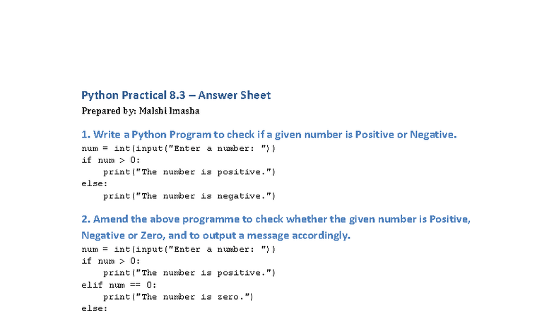 Python Practical 8.3 Solutions: Basic Programming Exercises - Studocu