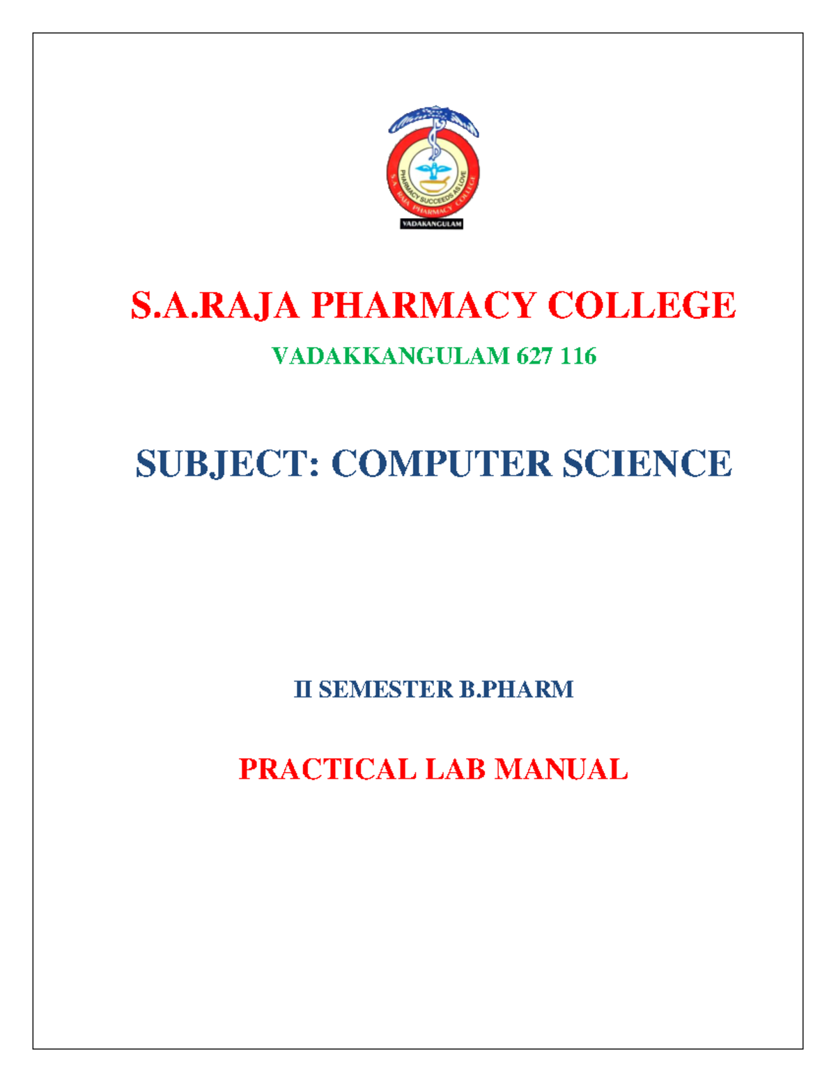 B.PHARM II SEMESTER: COMPUTER SCIENCE PRACTICAL LAB MANUAL - Studocu