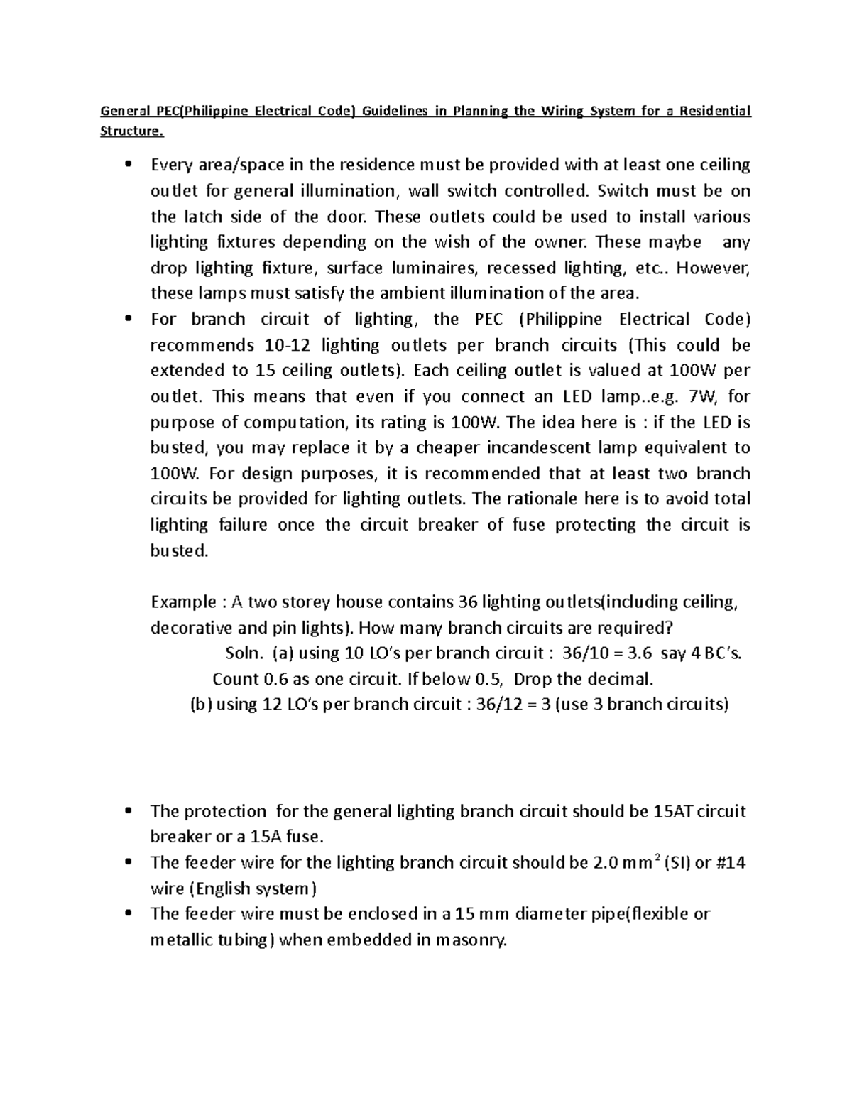 Philippine Electrical Code Guidelines for Residential Wiring Planning ...