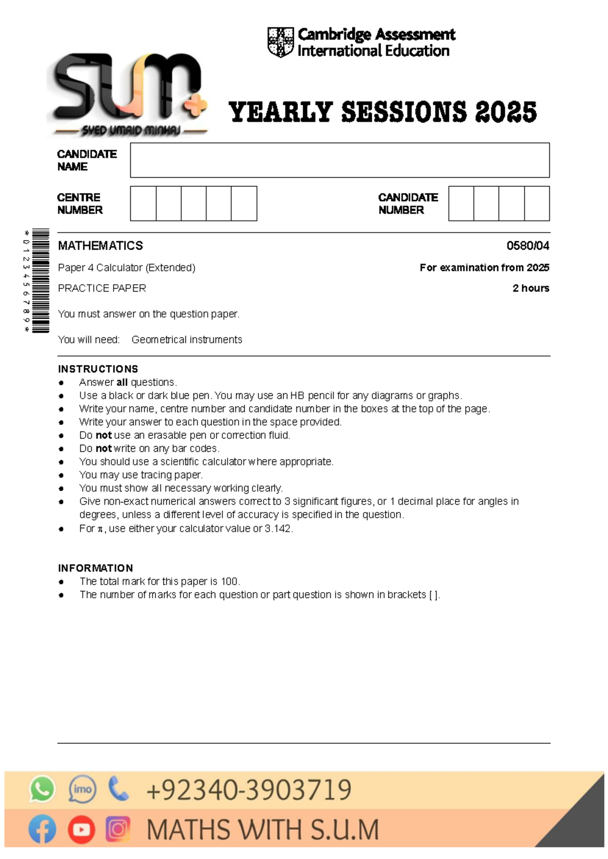 Cambridge 0580 Mathematics Yearly Sessions 2025 Practice Paper - Studocu