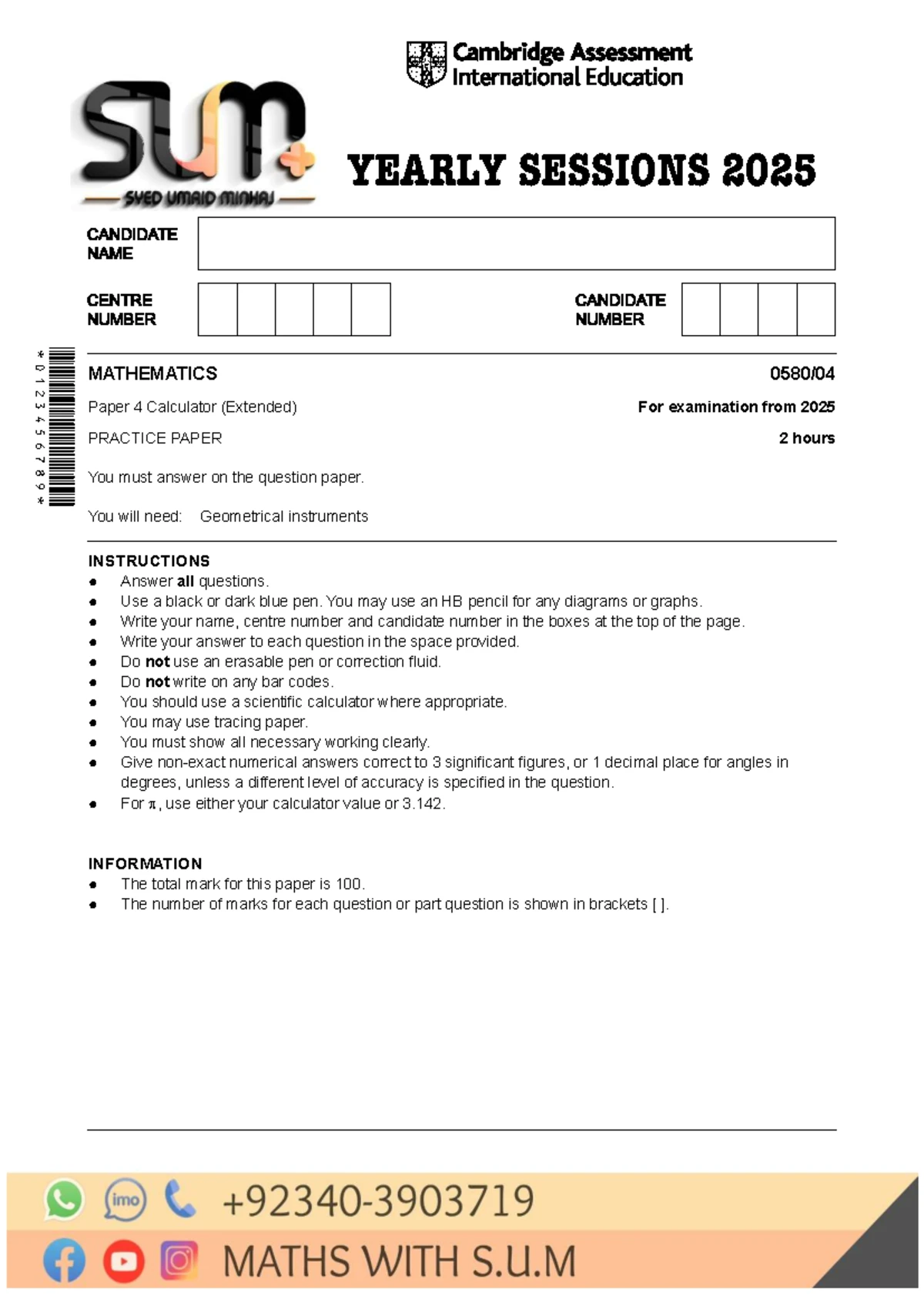 Mathematics IGCSE 0580 Practice Test 7 - Non-Calculator Paper 2 - Studocu