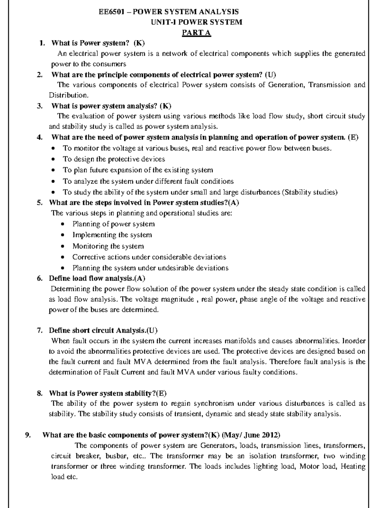EE6501 – Power System Analysis: Unit Wise Q&A Guide - Studocu