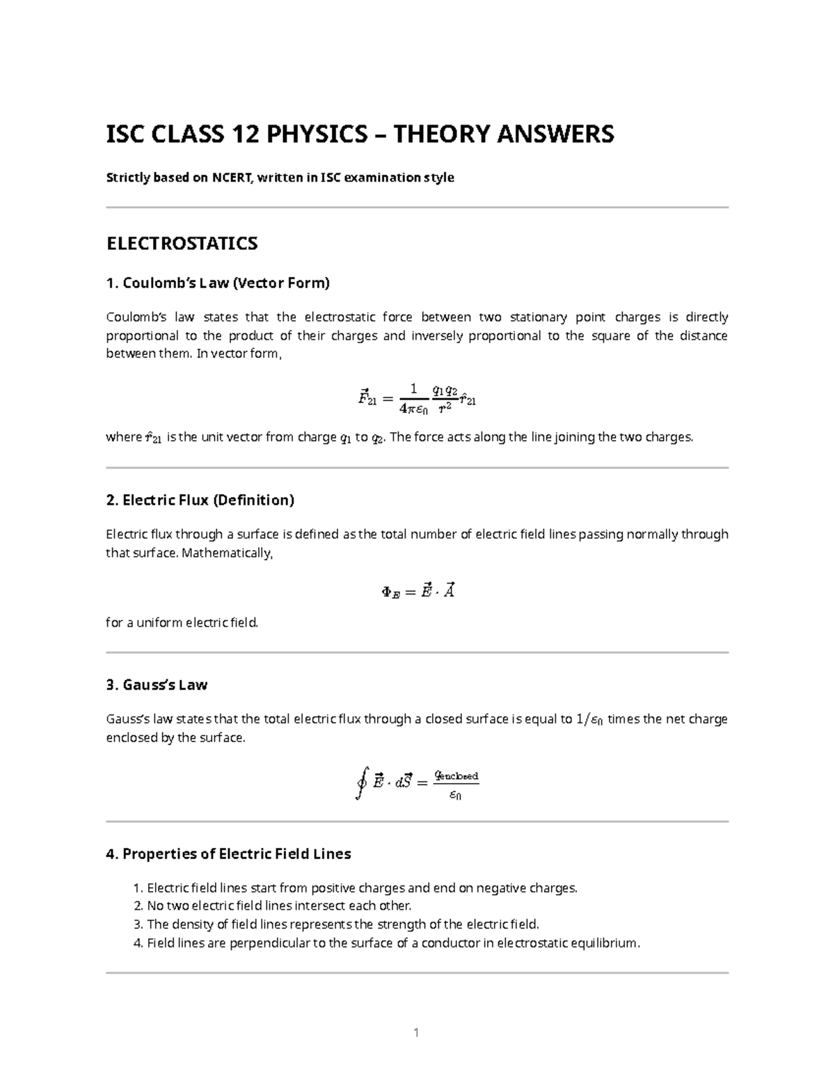 ISC CLASS 12 PHYSICS THEORY NOTES: Key Concepts in Electrostatics and ...