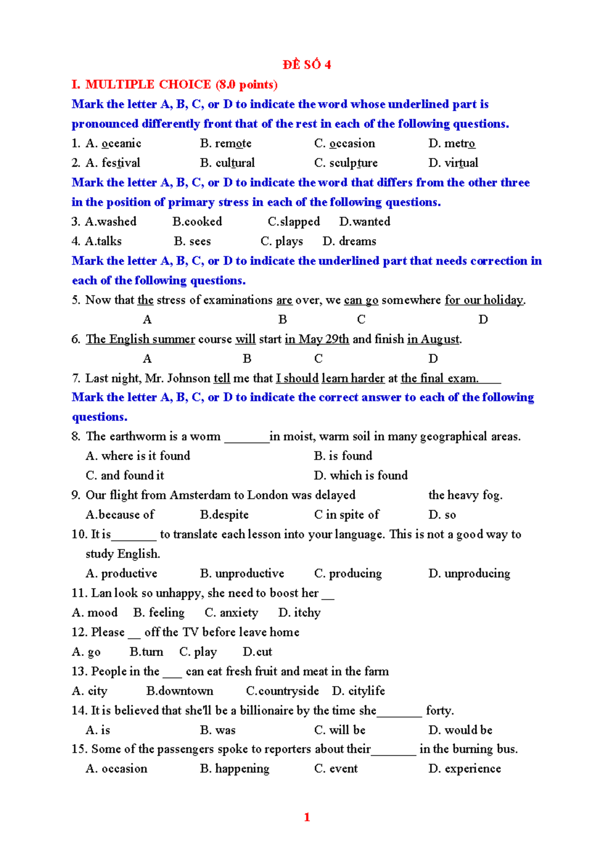 Đề Số 4 - Multiple Choice Questions for English Exam (123) - Studocu