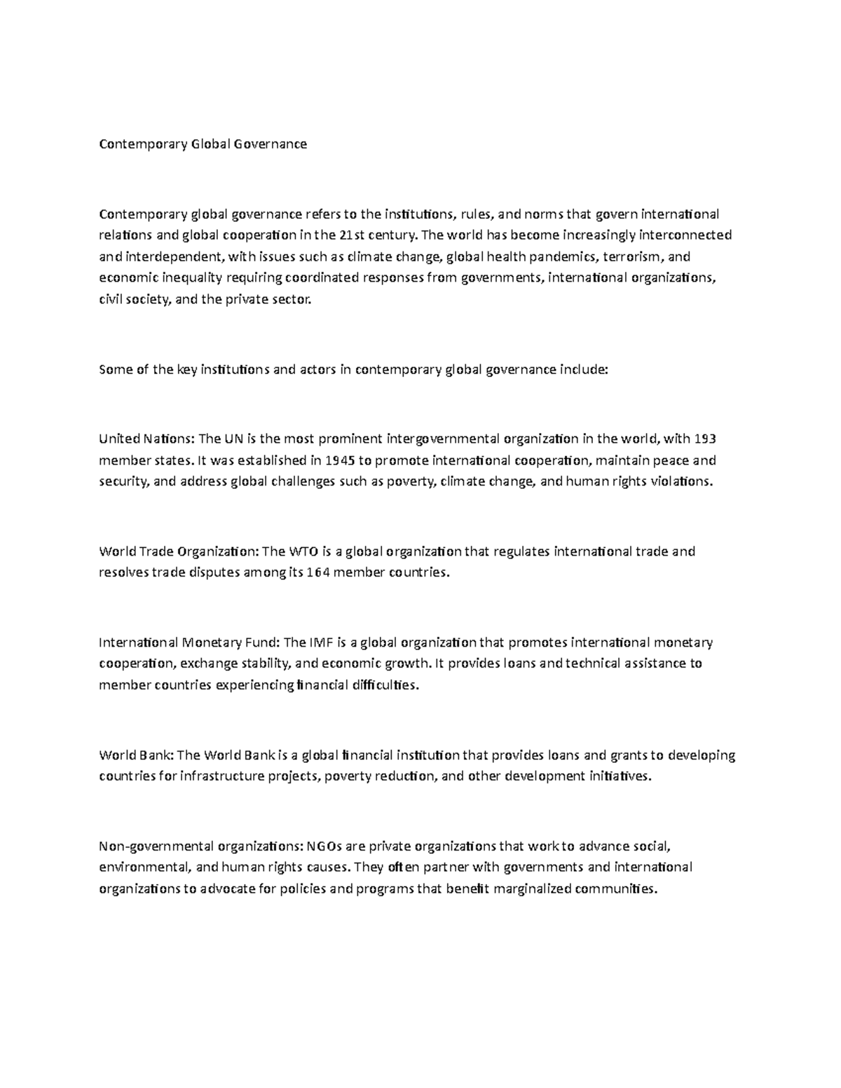 EGW 2023: Understanding Contemporary Global Governance Challenges - Studocu