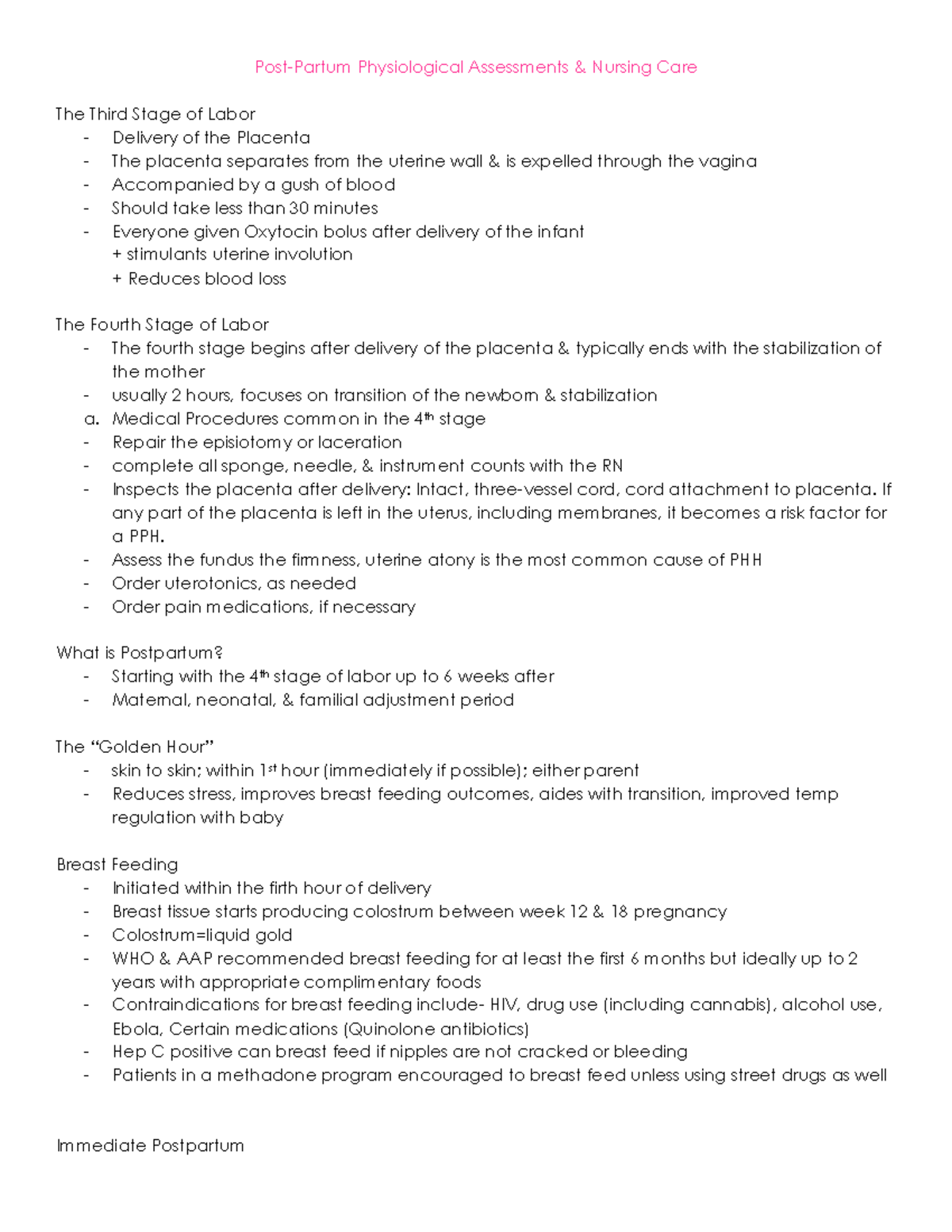 Exam 3 Maternal - notes - Post-Partum Physiological Assessments ...