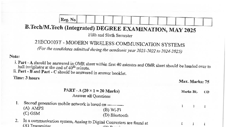 21ECO103T Modern Wireless Communication Systems Exam - May 2025 - Studocu