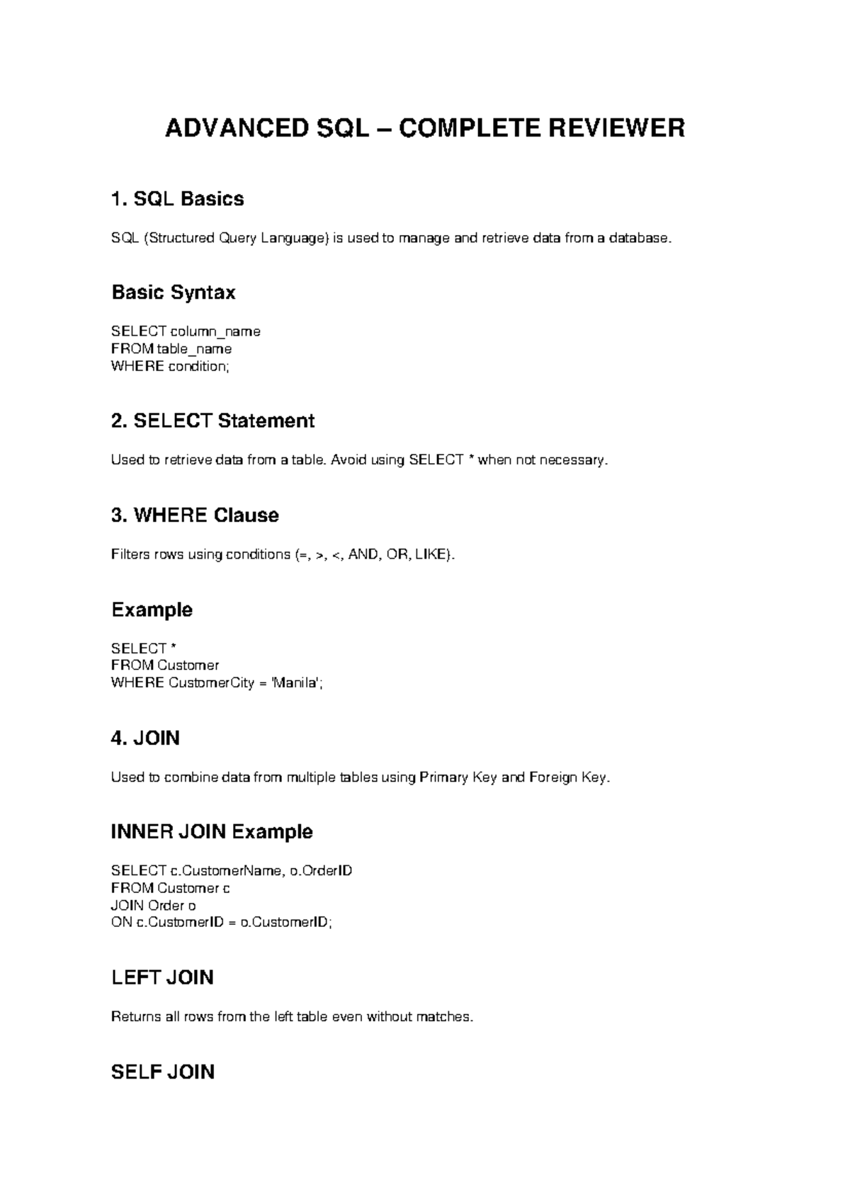 ADVANCED SQL COMPLETE REVIEWER 1: KEY CONCEPTS & SYNTAX - Studocu