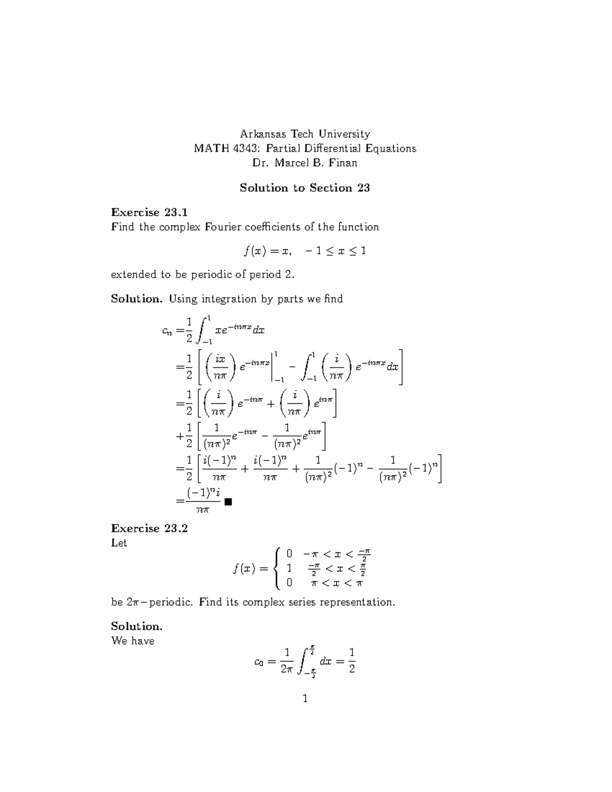 MATH 4343: Complex Fourier Series Solutions and Exercises - Studocu