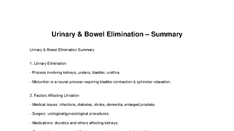 Urinary Elimination Summary - Key Processes & Care (Course Code: 100 ...