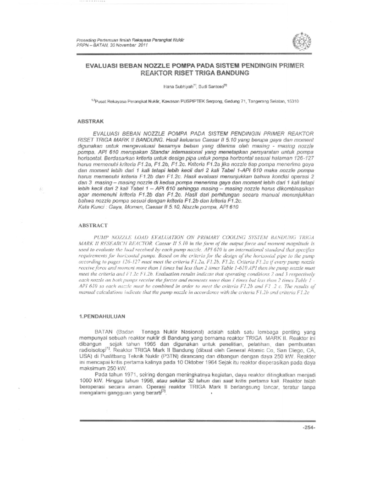 Evaluasi Beban Nozzle Pompa pada Sistem Pendingin Primer Reaktor TRIGA ...