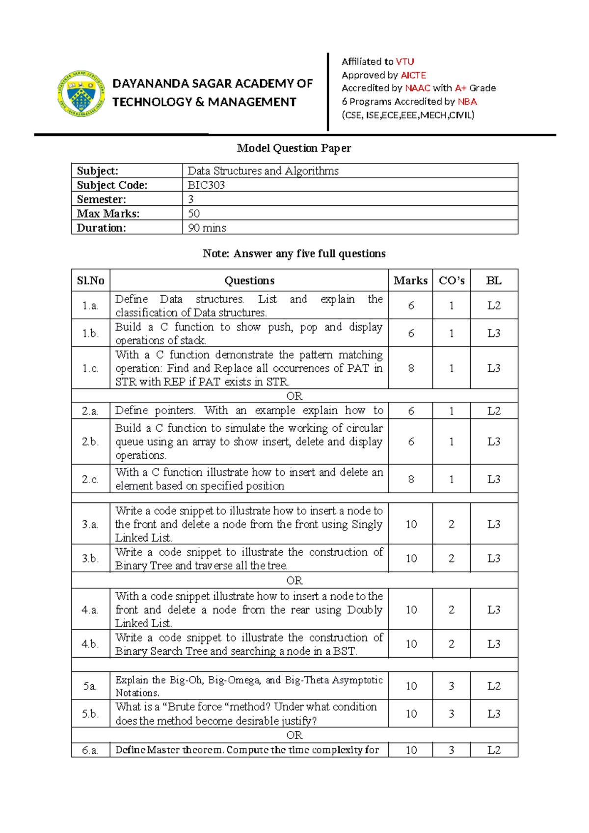 Model Question Paper - DSA (BIC - Sem 3) with Max Marks 50 - Studocu
