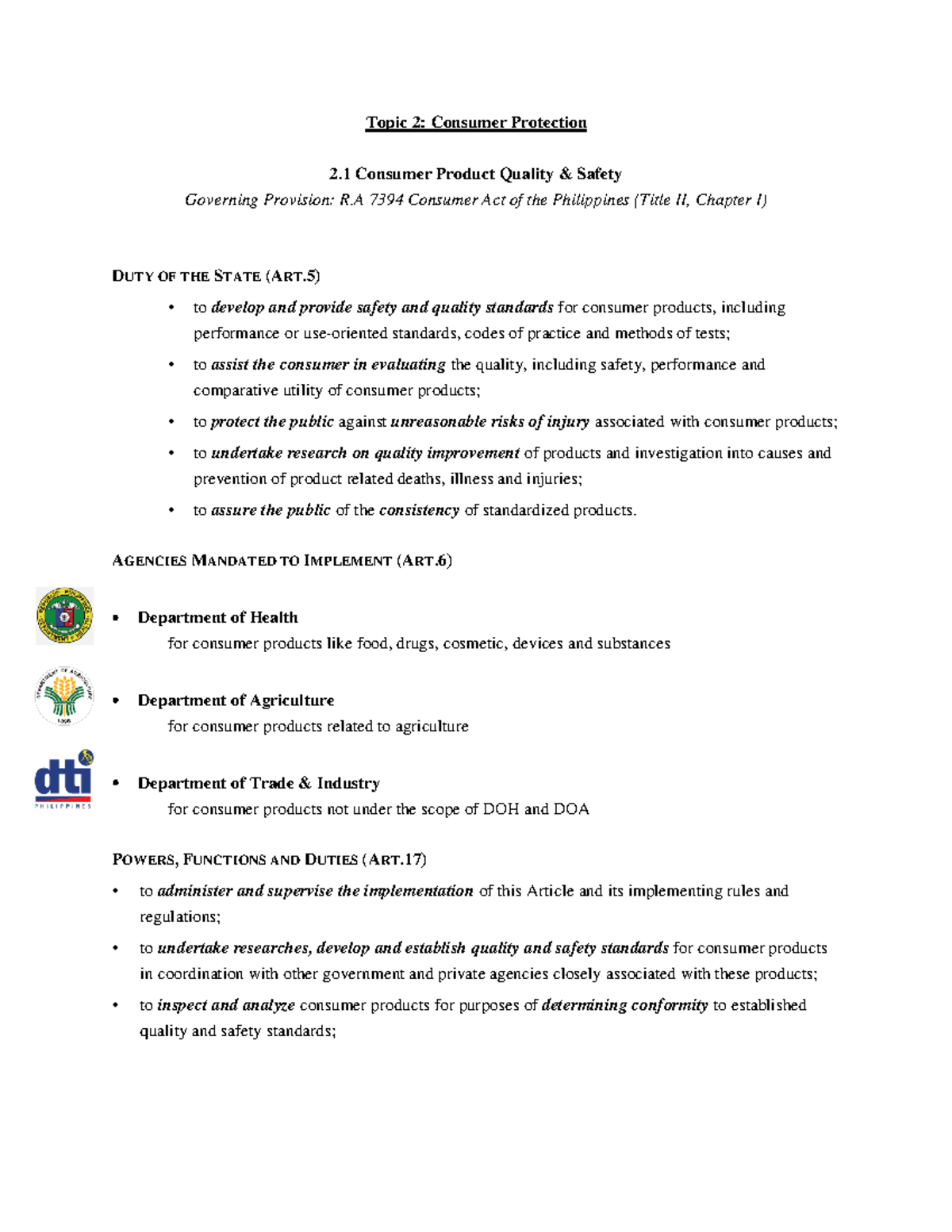 2.1 Consumer Product Quality and Safety Standards - R.A 7394 Insights ...