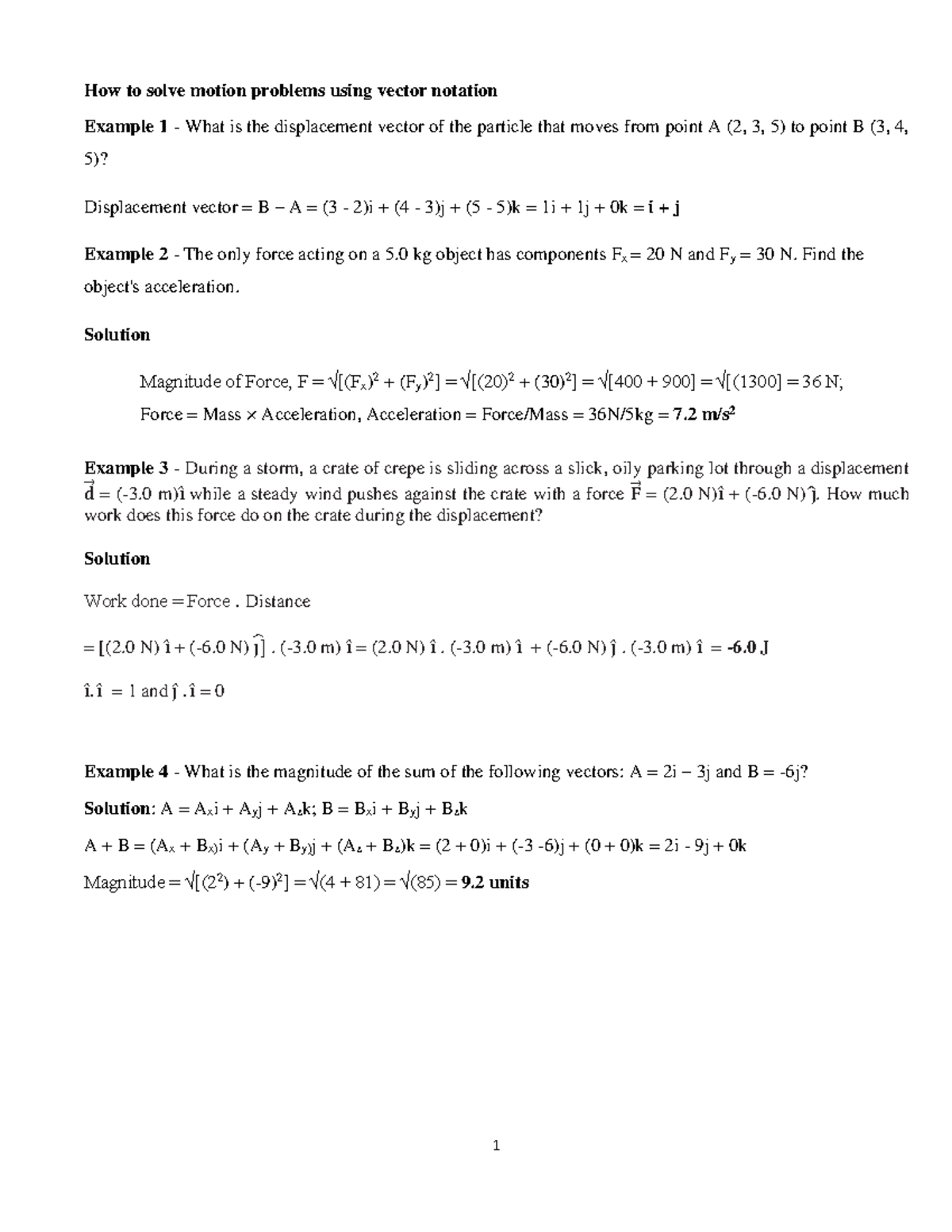 Motion Problems Using Vector Notation: Examples & Solutions - Studocu