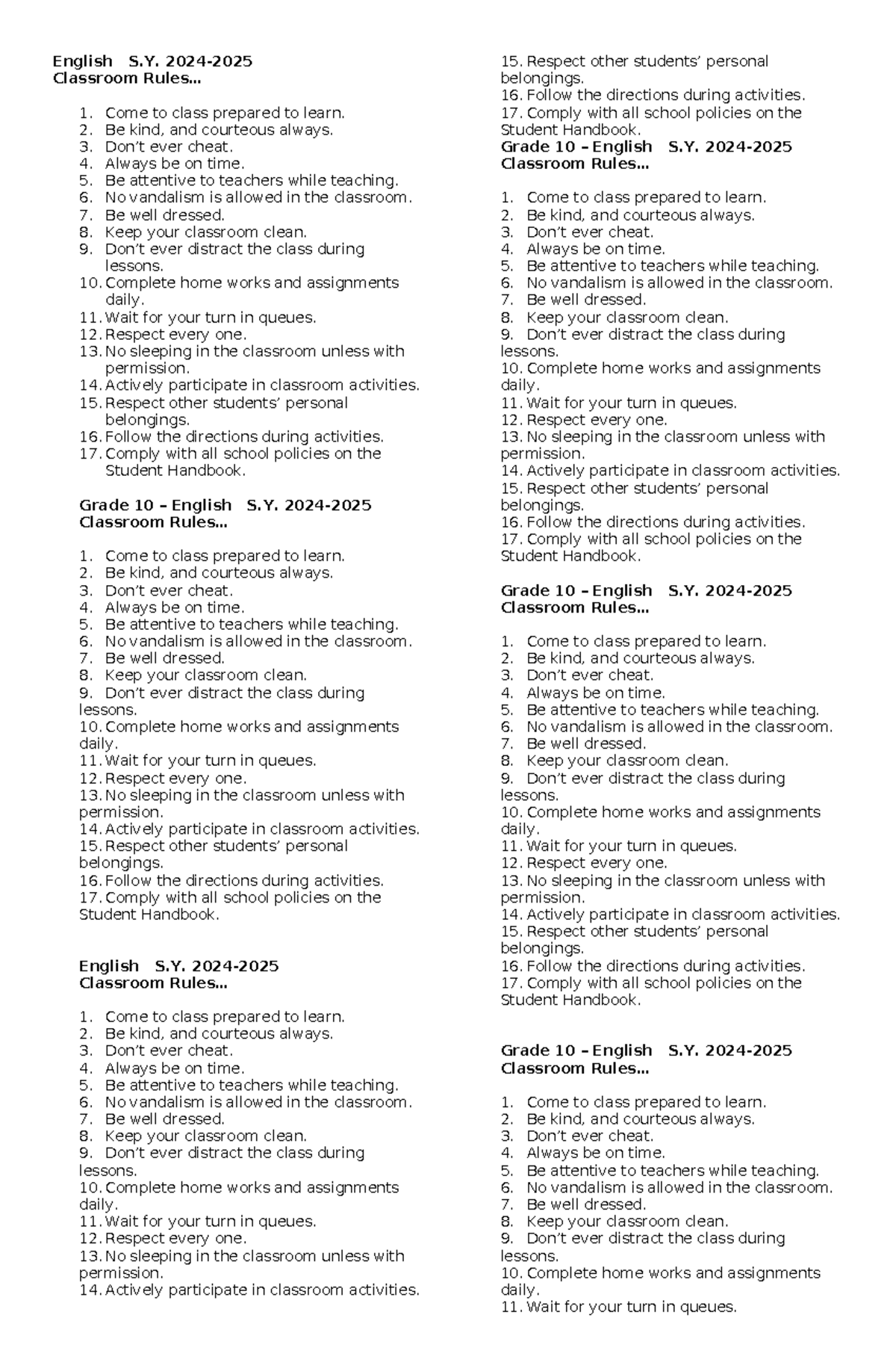 Grade 10 English S.Y. 2024 Classroom Rules and Expectations Guide - Studocu