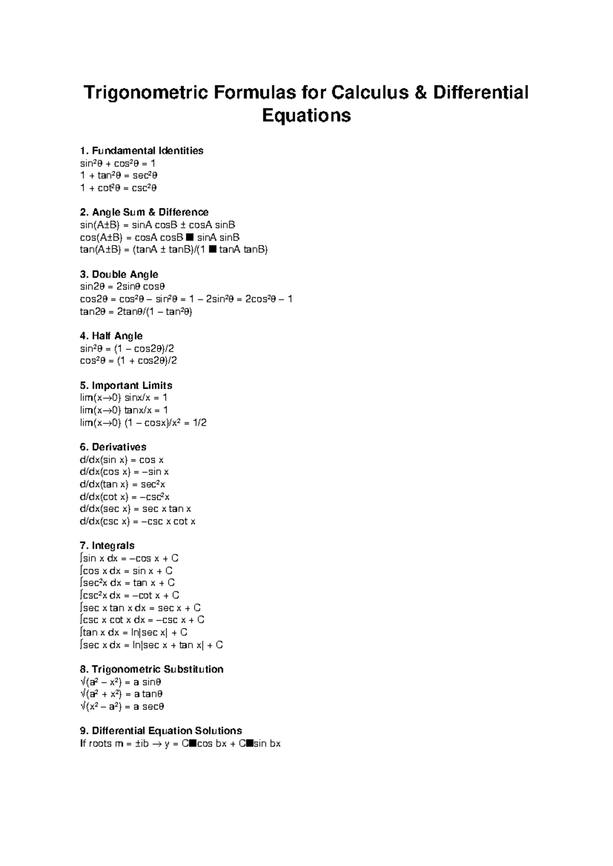 Trigonometric Formulas for Calculus DE: Key Identities & Equations ...