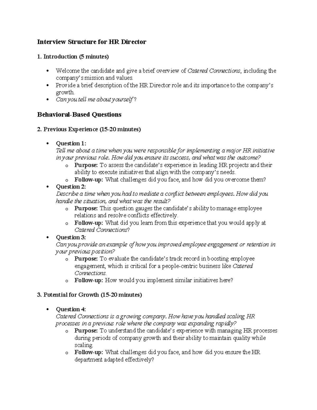 Behavioral Interview Questions - Interview Structure for HR Director 1 ...