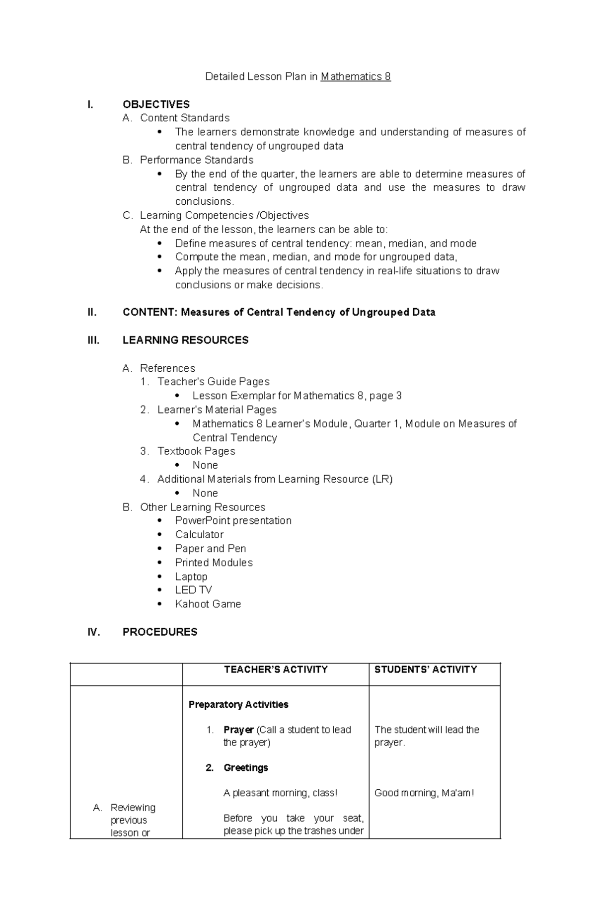 DLP MATH16: Lesson Plan on Measures of Central Tendency - Studocu